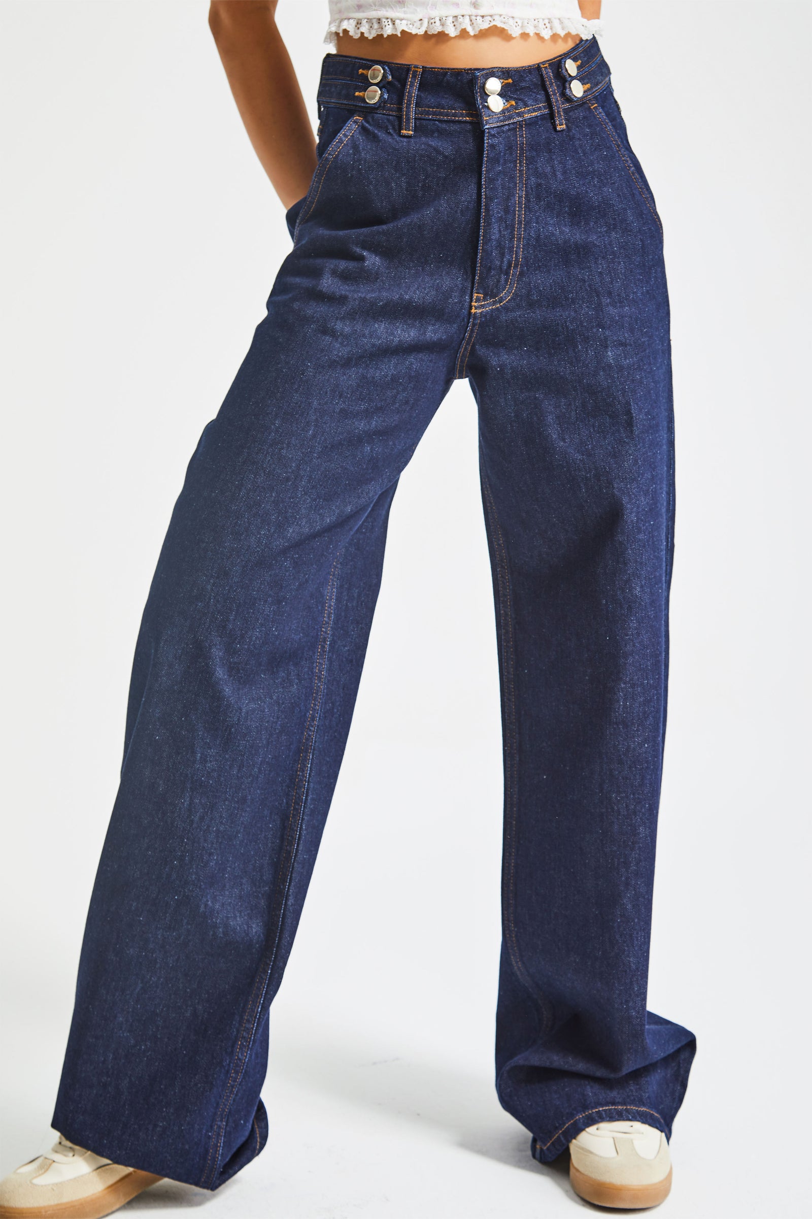 Women's Indigo Wide Leg Fit Denim Jeans - With Belt Detail