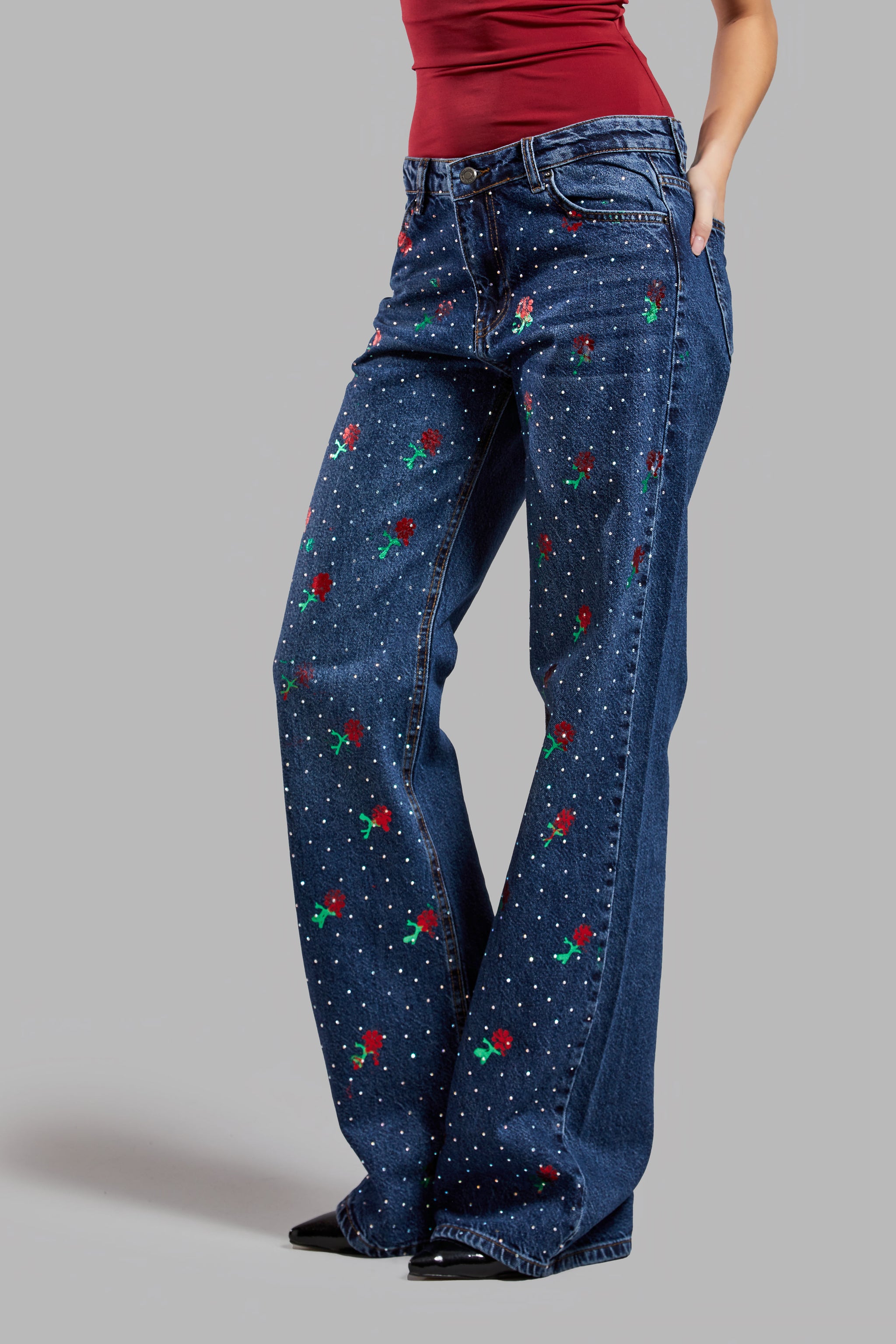Women's Denim Color T2w48 Floral Printed Embellished Loose Fit Design